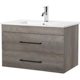 Waschtisch Welltime "Florenz Badmöbel Badschrank mit Waschbecken", grau (eiche, grau, grau wood grain), B:81cm H:50cm T:46cm, MDF, Waschtische, Waschplatz mit 2 Auszügen und Softclose Breite 80cm