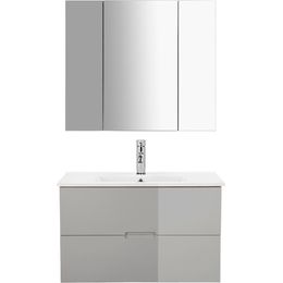Badmöbel-Set Welltime "Lund Badmöbel Set Badschrank Badezimmerset", grau (eiche, grau), B:81cm, MDF, Kastenmöbel-Sets, Waschtisch, Spiegelschrank und Becken Breite 80cm