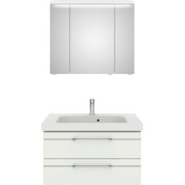 Badmöbel-Set SAPHIR "Balto Sprint 2-teilig, Mineralmarmor-Waschtisch mit LED-Spiegelschrank", weiß (weiß hochglanz, weiß glanz), B:92cm H:200cm T:50,8cm, Spanplatte, Kastenmöbel-Sets, Badezimmer Set 92 cm breit, inkl. Türdämpfer, 3 Türen, 2 Schubladen