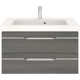Badmöbel-Set SAPHIR "Balto Sprint Waschplatz mit Mineralmarmor-Waschtisch, 92 cm breit", grau (graphit struktur quer nachbildung), B:92cm H:55,6cm T:50,8cm, Spanplatte, Kastenmöbel-Sets, Waschtisch und Unterschrank, inkl. Türdämpfer, mit 2 Schubladen