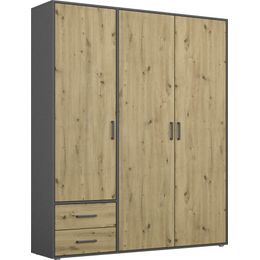 Drehtürenschrank Rauch "Kleiderschrank Schrank Garderobe Wäscheschrank VOYAGER", grau (graumetallic, eiche artisan), B:140cm H:194cm T:53cm, Holzwerkstoff, Schränke, moderne Griffe in Graumetallic mit Außenschubkästen MADE IN GERMANY
