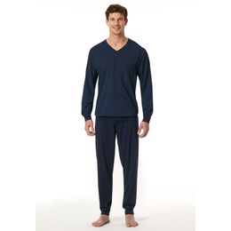 Pyjama Schiesser "Comfort Essentials", Herren, Gr. 50, blau (804, blau), Single Jersey, Obermaterial: 100% Baumwolle, bequem lang, V-Ausschnitt, Homewear-Sets, V-Ausschnitt, Brusttasche, Baumwolle, Langarm