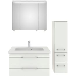 Badmöbel-Set SAPHIR "Balto Sprint 3-teilig, Mineralmarmor-Waschtisch mit LED-Spiegelschrank", weiß (weiß hochglanz, weiß glanz), B:122cm H:200cm T:50,8cm, Spanplatte, Kastenmöbel-Sets, Badezimmer Set mit Midischrank, inkl Türdämpfer, 4 Türen, 4 Schubladen