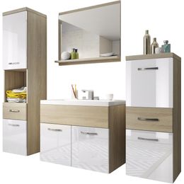 Badmöbel-Set Welltime "ELDA", braun (eiche sonoma, weiß hochglanz), B:120cm H:133cm T:34,5cm, Holzwerkstoff, Kastenmöbel-Sets, Waschtisch inkl. Waschbecken, Hochschrank, Badschrank und Spiegel