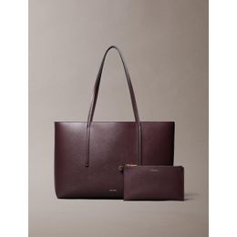 Calvin Klein Damen Henkeltasche "FOIL LOGO TOTE W/POUCH"fudge, espresso, Lederimitat, unifarben, Taschen, Damen-Schultertasche mit