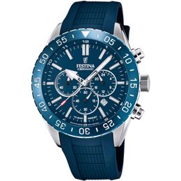 Chronograph Festina "Keramik Kollektion", blau (blau, silberfarben), Armbanduhren, Herren, Armbanduhr, Quarz, Herren, Keramiklünette, Saphirglas, Stoppfunktion