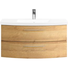 Badmöbel-Set SAPHIR "Cassca Sprint Waschtisch-Set Mineralmarmor-Waschtisch mit Unterschrank", braun (riviera eiche quer nachbildung), B:101cm H:53cm T:50,5cm, Spanplatte, Kastenmöbel-Sets, Waschplatz mit 2 Schubladen, inkl. Dämpfer, 101 cm breit