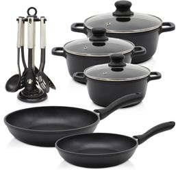Krüger Topf-Set KRÜGER "Aluguss Topf-/ Pfannenset LEIPZIG inkl. Küchenhelfern, 15 tlg.", schwarz, Töpfe, inkl. 7-tlg. Küchenhelfer-Set