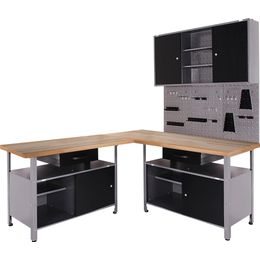 Werkstatt-Set ONDIS24, schwarz (schwarz, anthrazit), B:120cm H:205cm T:60cm, Metall, Werkbänke, mit 2 Werkbänken, Werkzeugschrank & Lochwand