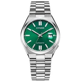 Automatikuhr Citizen "TSUYOSA 60h", silber (silberfarben, grün), Armbanduhren, Damen, Armbanduhr, Damenuhr, Herrenuhr, Edelstahlarmband, Saphirglas, Datum