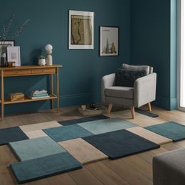 Wollteppich FLAIR RUGS "Abstract Collage, 100% Wolle", blau (aquablau), B:150cm H:11mm L:240cm, Wolle, Teppiche, Karo Design, Patchwork, modern, mehrfarbig, Wohnzimmer, Schlafzimmer