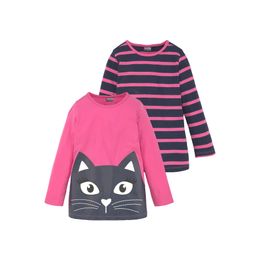 Langarmshirt Kidsworld "für kleine Mädchen", Mädchen, Gr. 104/110, pink, marine, Single Jersey, Obermaterial: 100% Baumwolle, bedruckt, gestreift, figurumspielend hüftbedeckend, Rundhals, abgesteppte Kante, Shirts, Langarm, lässige Passform