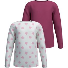 Langarmshirt Kidsworld "2er Pack 1x Herzen + 1x Unifarben Shirts", Mädchen, Gr. 140/146, rot (bordeaux, gemustert herzen), Single Jersey, Obermaterial: 95% Baumwolle, 5% Elasthan, bedruckt, Basic hüftbedeckend, Rundhals, Shirts, 2er Pack Shirts mit Herzen