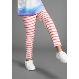 Leggings Kidsworld "2er Pack Ringel-Leggings für kleine Mädchen", Mädchen, Gr. 128/134, N-Gr, blau (aprikot ringel, marine), Jersey, Obermaterial: 95% Baumwolle, 5% Elasthan, geringelt, Basic, Basic schmal 7/8-Länge, Hosen, Leggingspackung für kleine Mädchen