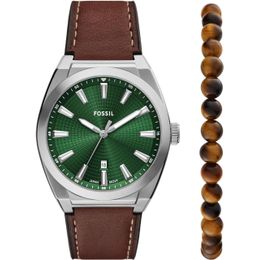 Quarzuhr Fossil "EVERETT", braun (braun, grün), Armbanduhren, Herren, Armbanduhr, Herrenuhr, Lederarmband, Ideal auch als Geschenk, analog