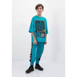 Stoffhose Gulliver, Jungen, Gr. 152, EURO-Größen, blau (türkis), 95% Baumwolle, 5% Elasthan, bedruckt, lang, Hosen, mit seitlichem Schriftdekor