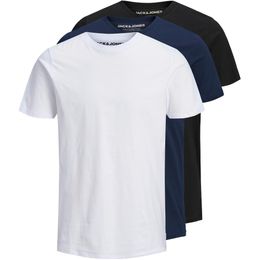Jack & Jones Rundhalsshirt JACK & JONES "JJEORGANIC BASIC TEE SS O-NE 3PK MP NOOS", Herren, Gr. XL, bunt (schwarz, weiß, navy), Single Jersey, Obermaterial: 100% Baumwolle, unifarben, hüftlang, Rundhals, Shirts