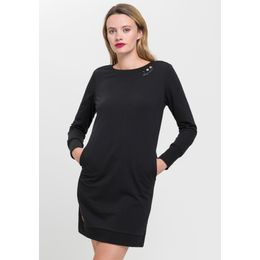 Sweatkleid Ragwear "MENITA O", Damen, Gr. M (38), N-Gr, schwarz (schwarz 1010), Sweatware, Obermaterial: 50% Baumwolle, 50% Polyester, kontrastfarbene Details, unifarben, figurbetont, Rundhals, Kleider Sweatkleid, mit veganer 3 Knopf-Applikation