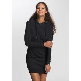 Sweatkleid Ragwear "BESS O", Damen, Gr. L (40), N-Gr, schwarz (schwarz 1010), Sweatware, Obermaterial: 70% Baumwolle, 30% Polyester, bedruckt, gemustert, kontrastfarbene Details, mehrfarbig, figurbetont, Kleider, Hoodie mit Tunnelzug-Kapuze