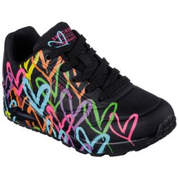 Sneaker Skechers "UNO - HIGHLIGHT LOVE", Damen, Gr. 36, bunt (schwarz, multi), Lederimitat, Textil, kontrastfarbene Details, Schuhe Sneaker, Freizeitschuh, Halbschuh, Schn&uuml;rschuh mit Herzchen-Print