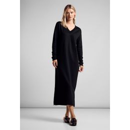 Midikleid Street One, Damen, Gr. 34, EURO-Gr&ouml;&szlig;en, schwarz, Stoff, 87% Viskose, 13% Polyester, unifarben, comfort fit wadenlang, V-Ausschnitt, B&uuml;ndchen, Kleider Midikleid, in Unifarbe