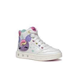 Sneaker Geox "J SKYLIN GIRL Blinkschuh", Mädchen, Gr. 25, bunt (weiß, bunt), Synthetik, Textil, kontrastfarbene Details, Schuhe, Schnürboots, Blinkschuh mit Glitzer und Blinkfunktion
