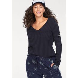 V-Ausschnitt-Pullover Kangaroos, Damen, Gr. 44/46, blau (marine), Rippstrick, Obermaterial: 50% Baumwolle, 50% Polyacryl, unifarben, sehr figurbetont h&uuml;ftlang, V-Ausschnitt, Rippb&uuml;ndchen mit Daumenl&ouml;chern, Pullover Strickpullover Pullover V-Pullover, in breit geripptem Feinstrick