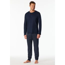 Pyjama Schiesser "Fine Interlock", Herren, Gr. 50, blau (804, blau), Interlock, Obermaterial: 100% Baumwolle, bequem lang, Rundhals, Homewear-Sets, Rundhalsausschnitt mit Kopfleiste, langärmelig, Komfortbund