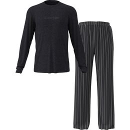 Schlafanzug "LS TEE PANT SET", Herren, Gr. L (52), schwarz, Jersey, Obermaterial: 100% Baumwolle, Calvin Klein Underwear, gestreift, unifarben, körpernah lang, Rundhals, eingesetzt gerader Abschluss, Homewear-Sets, Mit elastischem Bund