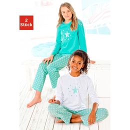 Pyjama Petite Fleur, Kinder, Gr. 122/128, grün (weiß, mint, mint), Jersey, Obermaterial: 100% Baumwolle, bedruckt, Basic, lässig geschnitten lang, Rundhals, abgesteppte Kante, Homewear-Sets, in langer Form mit Sternen Print