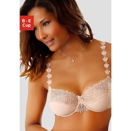 Bügel-BH Nuance, Damen, Gr. 90, Cup E, beige (puder), Spitze, Obermaterial: 50% Polyester, 30% Polyamid, 20% Elasthan, BHs BH Spitzenwäsche Bügel-BH Spitzen-BH Hochzeitswäsche Dirndl-BH Hochzeitsdessous Balconette-BH, mit schöner Stickereispitze am Obercup und den Trägern, Dessous