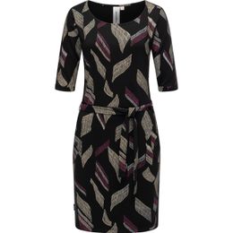 Jerseykleid Ragwear "Kenisha Print", Damen, Gr. L (40), Normalgrößen, schwarz, Material: 67% Polyester, 28% Viskose, 5% Elasthan, figurumspielend knielang, Rundhals, Krempelärmel abgesteppte Kante krempelbar, Kleider, Midikleid mit Taillengürtel