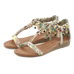 Sandale Lascana "Sommerschuh, Sandalette", Damen, Gr. 36, grün, Obermaterial: 50% Lederimitat, 50% Textilmaterial. Futter: 100% Lederimitat. Decksohle: 100% Lederimitat. Laufsohle: 100% Synthetik, mehrfarbig, Schuhe Riemchensandale Sandalette, mit Schmuckkettchen und Schmucksteinen im Festival-Look VEGAN
