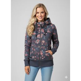 Sweatjacke Ragwear "NESKA ZIP FLOWERS O", Damen, Gr. XXL, navy, Sweatware, Obermaterial: 70% Baumwolle, 30% Polyester, bedruckt, geblümt, gemustert, figurbetont, Rundhals, Rippbündchen, Sweatjacken, mit extra breiten Bündchen