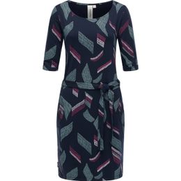 Jerseykleid Ragwear "Kenisha Print", Damen, Gr. L (40), Normalgrößen, navy, Material: 67% Polyester, 28% Viskose, 5% Elasthan, figurumspielend knielang, Rundhals, Krempelärmel abgesteppte Kante krempelbar, Kleider, Midikleid mit Taillengürtel