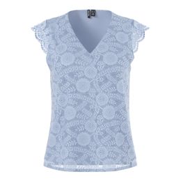 Spitzentop Pieces "PCOLLINE SL LACE V-NECK TOP WVN NOOS", Damen, Gr. XS, blau (kentucky blau), Spitze, Obermaterial: 90% Nylon, 10% Elasthan, unifarben, regular fit normal, V-Ausschnitt, Tops