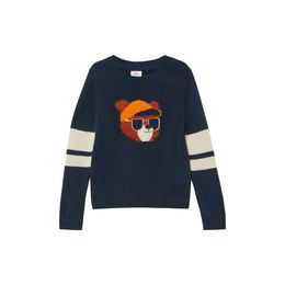 Strickpullover s.Oliver JUNIOR, Jungen, Gr. 104/110, dunkelblau, Strick, Obermaterial: 50% Baumwolle, 50% Polyacryl, bestickt, gemustert, regular fit hüftbedeckend, Rundhals, Flachstrickbündchen, Pullover, mit Kontraststreifen und Plüsch-Intarsien, for boys