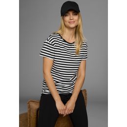T-Shirt AJC, Damen, Gr. 32/34 (XS), schwarz-weiß (weiß, schwarz, gestreift), Jersey, Obermaterial: 100% Baumwolle, geringelt, gestreift, lässig geschnitten hüftlang, Rundhals, eingesetzt normaler Saum, Shirts, Kurzarm, taillierter Schnitt, gestreift, Rundhalsausschnitt