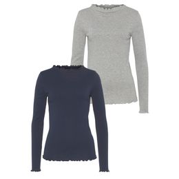 Langarmshirt Flashlights, Damen, Gr. 34, blau (marine, grau melange), Feinripp, Obermaterial: 100% Baumwolle. Obermaterial 2: 95% Baumwolle, 5% Viskose, clean, unifarben, Basic, sehr figurbetont, gekräuselter Ausschnitt, Shirts, sehr figurbetonte Passform, gekräuselter Ausschnitt