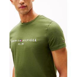 T-Shirt Tommy Hilfiger "TOMMY LOGO TEE", Herren, Gr. L, mountain pine, Single Jersey, Obermaterial: 100% Baumwolle, Rundhals, Shirts