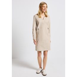 Sommerkleid Street One, Damen, Gr. 34, EURO-Größen, beige (malted beige), Web, 100% Baumwolle, unifarben, normal knielang, V-Ausschnitt, Umschlagsaum, Kleider, in Unifarbe