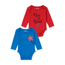 Langarmbody Kidsworld "2er Pack Baby-Bodies mit Sprüchen, Neu an Bord", Jungen, Gr. 86/92, N-Gr, blau (blau, rot), Jersey, Obermaterial: 100% Baumwolle, bedruckt, Basic, Basic, Bodys, aus Bio-Baumwolle