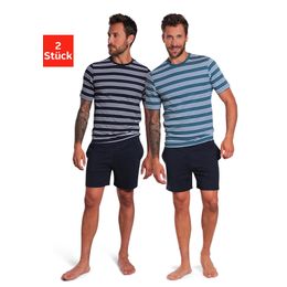 Pyjama AUTHENTIC LE JOGGER, Herren, Gr. 44-46 (S), blau (navy, petrol), Jersey, Obermaterial: 100% Baumwolle, gestreift, unifarben, Basic, bequem kurz, Rundhals, abgesteppte Kante, Homewear-Sets, Schlafanzug mit gestreiften Oberteilen