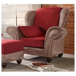 Sessel Home Affaire "King George gemütlicher Ohrensessel mit Ziernägeln, mit Federkern", braun (braun, rot), B:121cm H:110cm, Korpus aus Luxus-Microfaser in Vintage-Optik (100% Polyester), Sitzfläche aus Chenillebezug (70% Polyacryl 30% Polyester), Kissen in Druckstoff (100% Polyester), Sessel