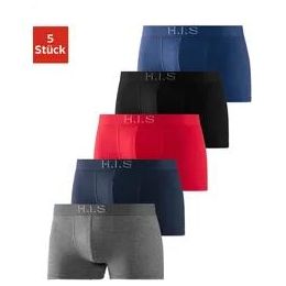 H.I.S. Boxer H.I.S "Boxershorts f&uuml;r Herren", Damen, Gr. M, 5 Stk., bunt (grau, meliert, schwarz, navy, rot, blau), Jersey, Obermaterial: 95% Baumwolle, 5% Elasthan, unifarben, Unterhosen, Logo Webbund mit 3D Effekt