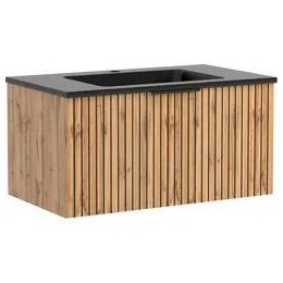 Badmöbel-Set Welltime "Welltime, Carlton Waschtisch-Set, 80 oder 120 cm, gestreift", schwarz (wotnaeiche, schwarz), Set 10: 2tlg. Waschtisch-Set 80cm: Spiegelschrank 80cm und Waschtischmit schwarzem Auflagebecken, Spanplatte, Kastenmöbel-Sets