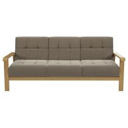 Sit & More 3-Sitzer SIT & MORE "Billund", braun (nougat), B:199cm H:88cm T:106cm, 95% Polyester 5% Polyamid, Sofas, Armlehnen aus eichefarbigem Buchenholz, verschiedene Bezüge und Farben