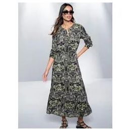 Druckkleid Heine "Druck-Kleid", Damen, Gr. 44, Normalgrößen, schwarz (khaki, schwarz, bedruckt), 100% Viskose, bedruckt, gemustert, mehrfarbig, lang, Rundhals, Kleider