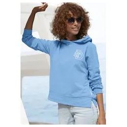 Kapuzensweatshirt ELBSAND, Damen, Gr. L (40), blau (azurblau), Sweatware, Obermaterial: 95% Baumwolle, 5% Elasthan, unifarben, figurumspielend h&uuml;ftlang, ohne Ausschnitt, angesetztes B&uuml;ndchen, Sweatshirts, mit gro&szlig;em Logodruck auf dem R&uuml;cken, bequemer Hoodie aus Baumwolle