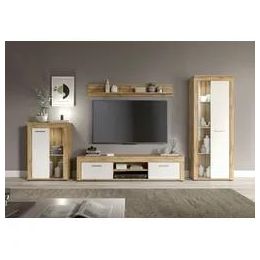 Wohnwand Inosign "Aosta, 4-tlg., best. aus: Vitrine, Lowboard, Wandboard & Vitrine hoch", weiß (wotan eiche nachbildung, weiß), B:330cm H:159cm T:40cm, Holzwerkstoff, Kastenmöbel-Sets, Wohnwand, Kombination, Anbauwand, Möbel Set, Schrankwand, Möbel Kombi